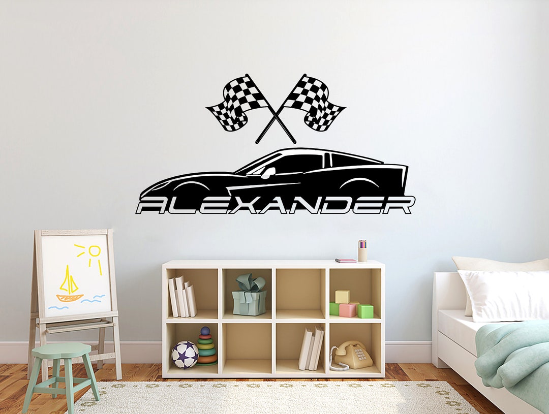 Large Custom Name Racing Car Tire Checkered Flags Wall Decal Wheel ...
