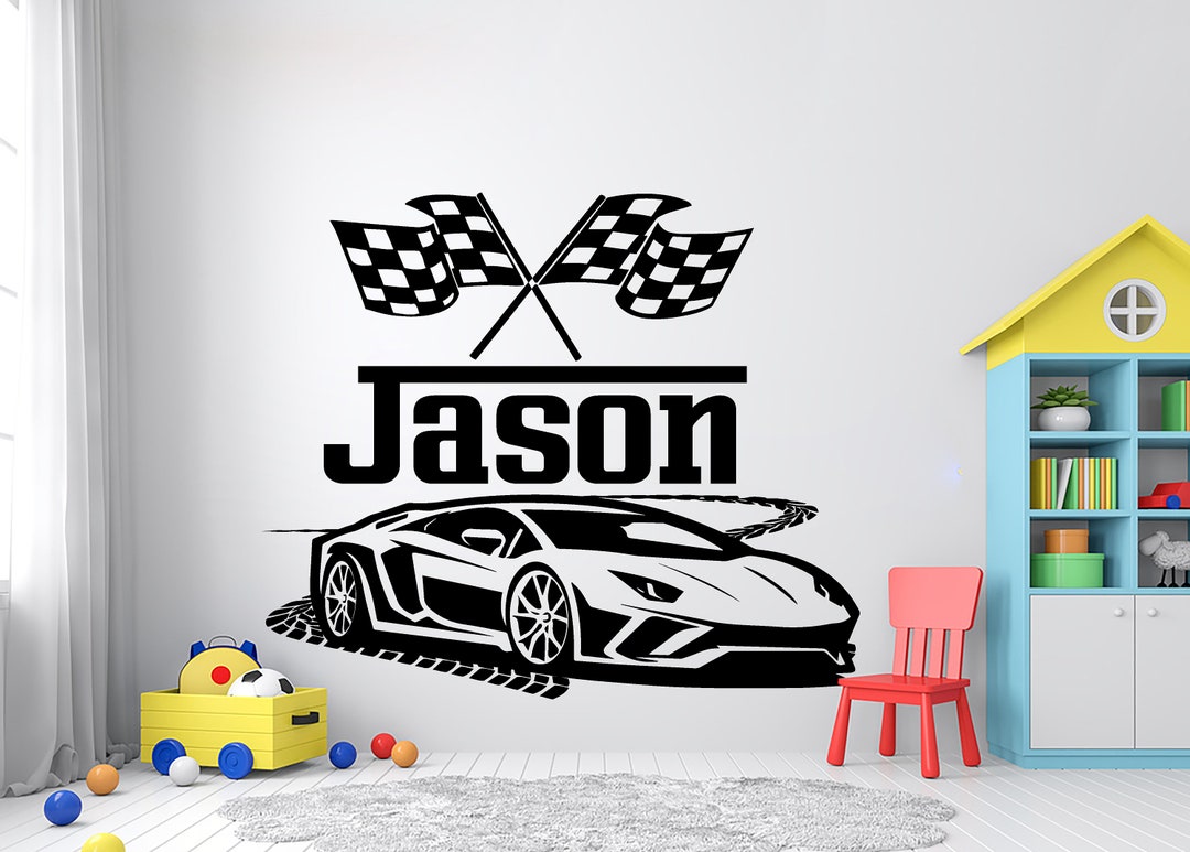 Large Custom Name Racing Car Tire Checkered Flags Wall Decal Wheel ...