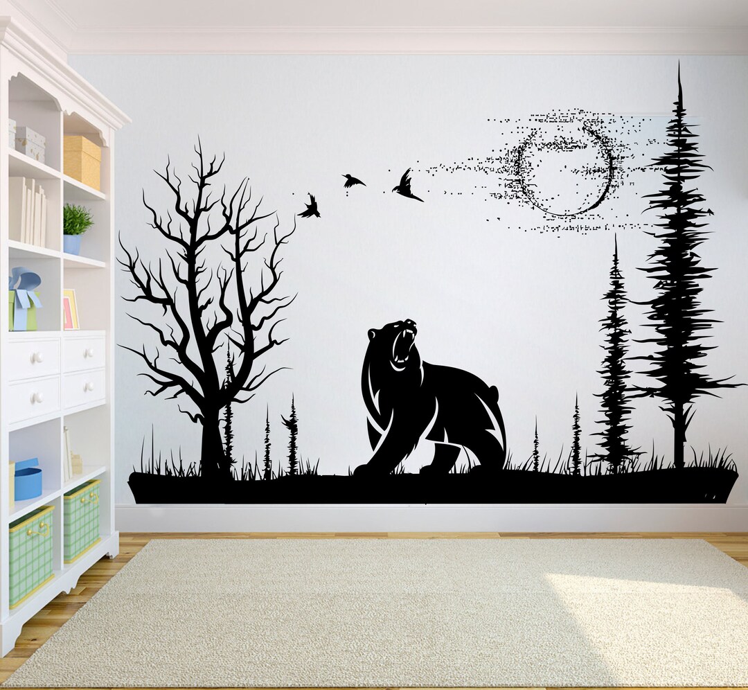 Bear Wall Decal Moon Birds Tree Animal Nature Bear Animals Anime Wall ...