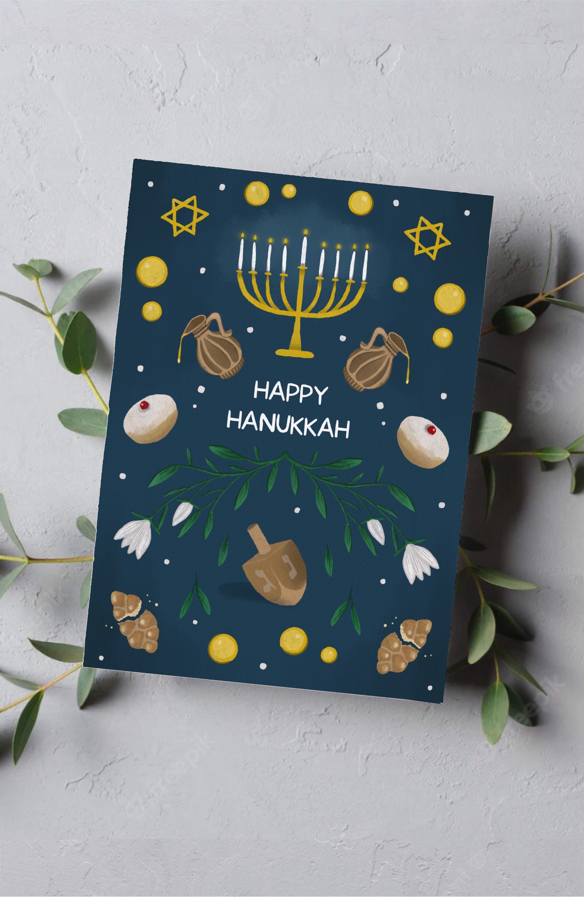 Hanukkah Card | Menorah | Jewish Cards | Sufganiyot | Challah Bread ...