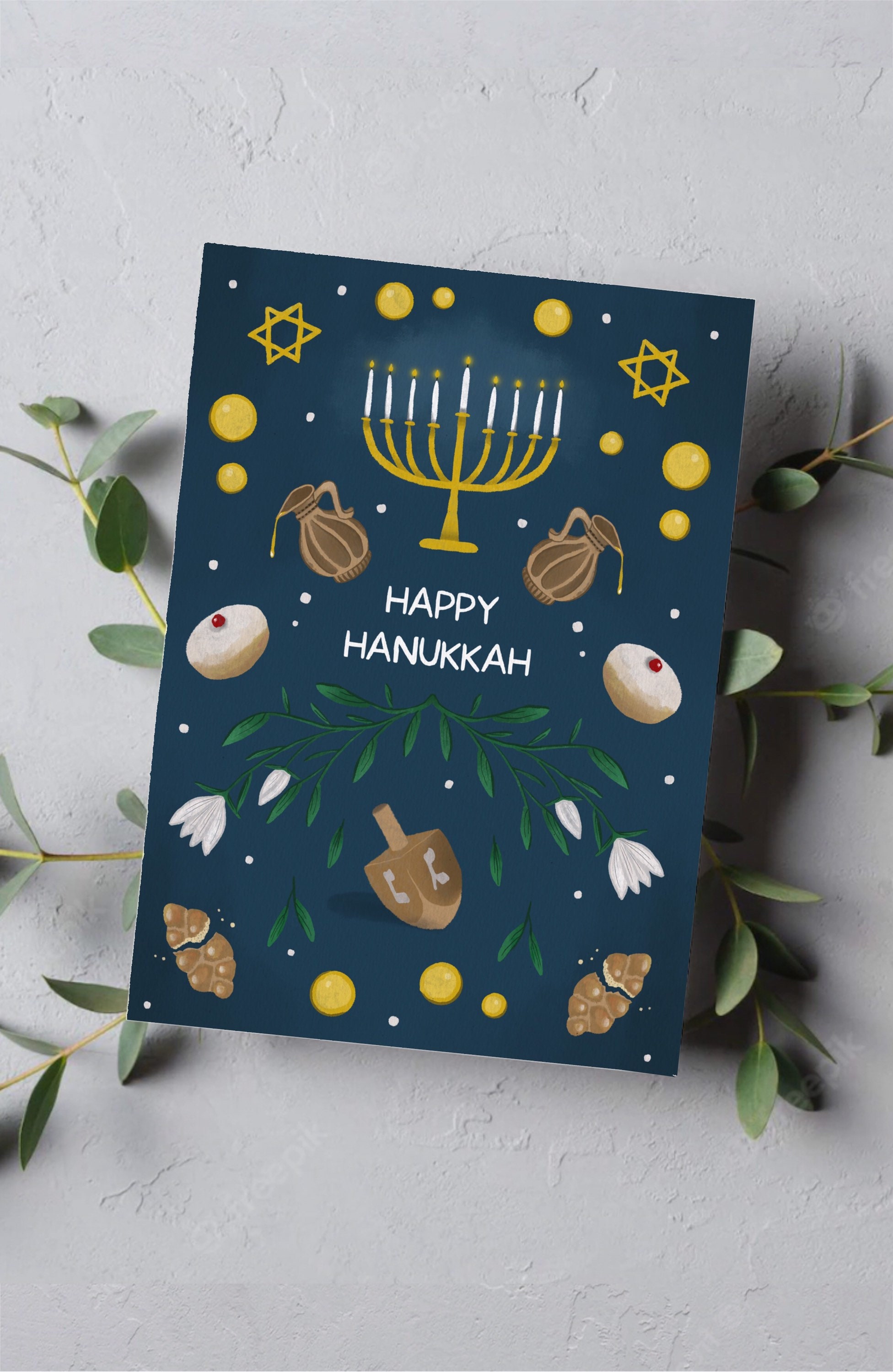 Hanukkah Card | Menorah | Jewish Cards | Sufganiyot | Challah Bread ...