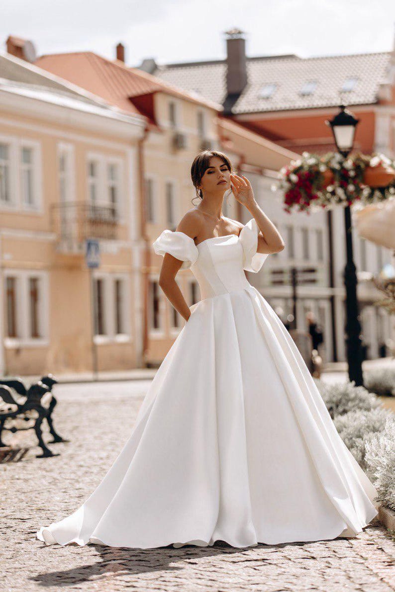 European Style Wedding Dress in Mikado Satin, Pleated Skirt, Removable ...