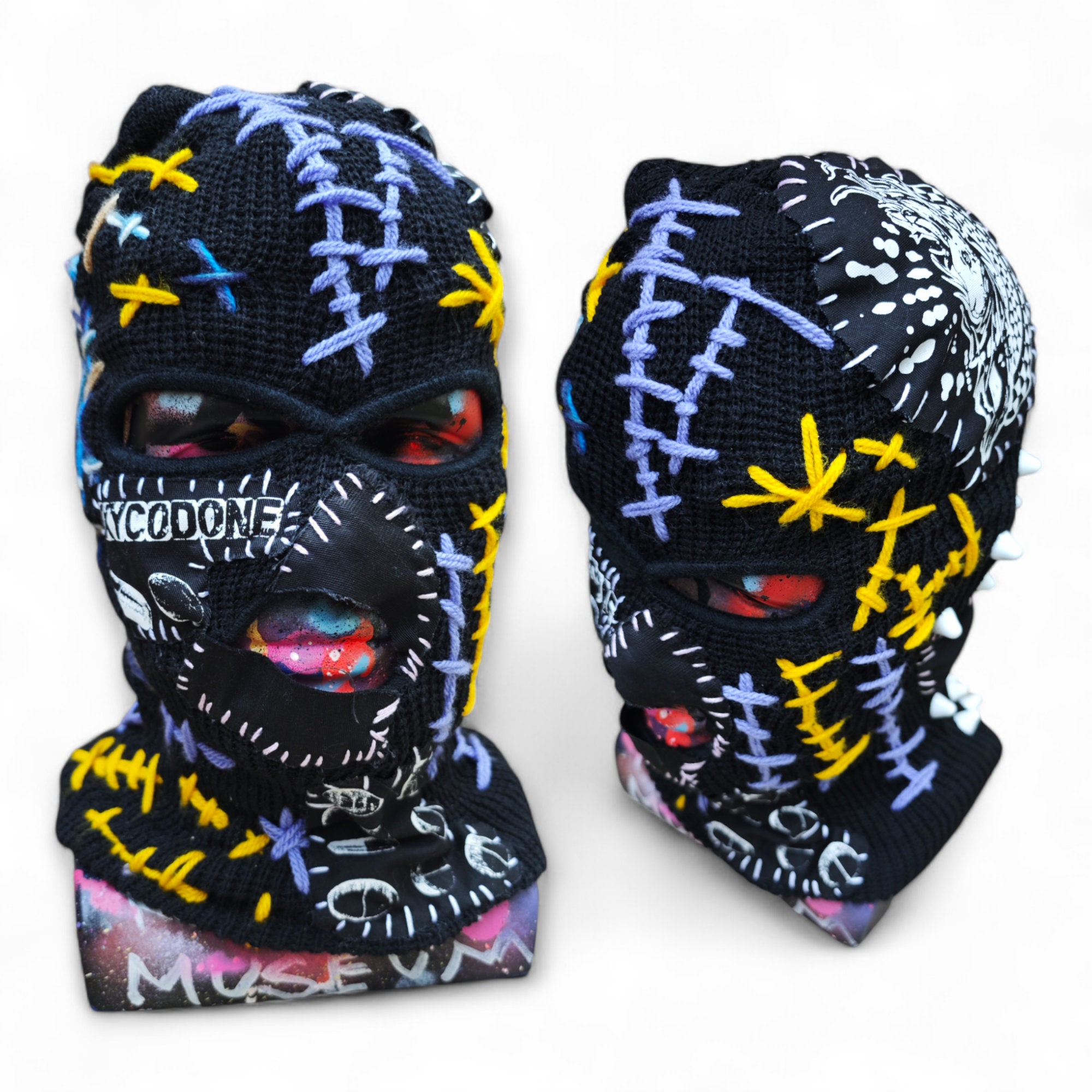 CUSTOM PATCHED Balaclava Ski Mask, 3 Hole Punk Ski Mask, Spiked Skimask ...