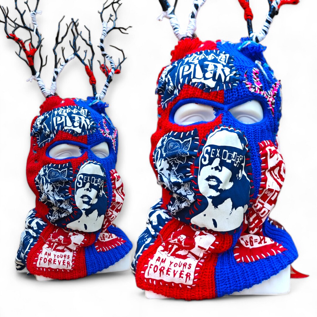 CUSTOM PATCHED HORNED Plush Doll Balaclava Ski Mask, 3 Hole Punk Ski ...