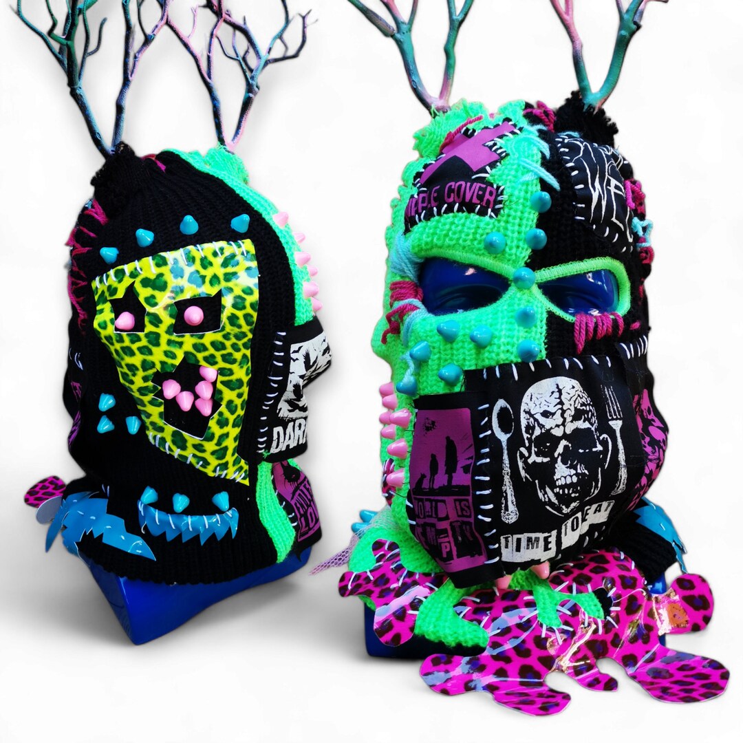 CUSTOM PATCHED HORNED Plush Doll Balaclava Ski Mask, 3 Hole Punk Ski ...