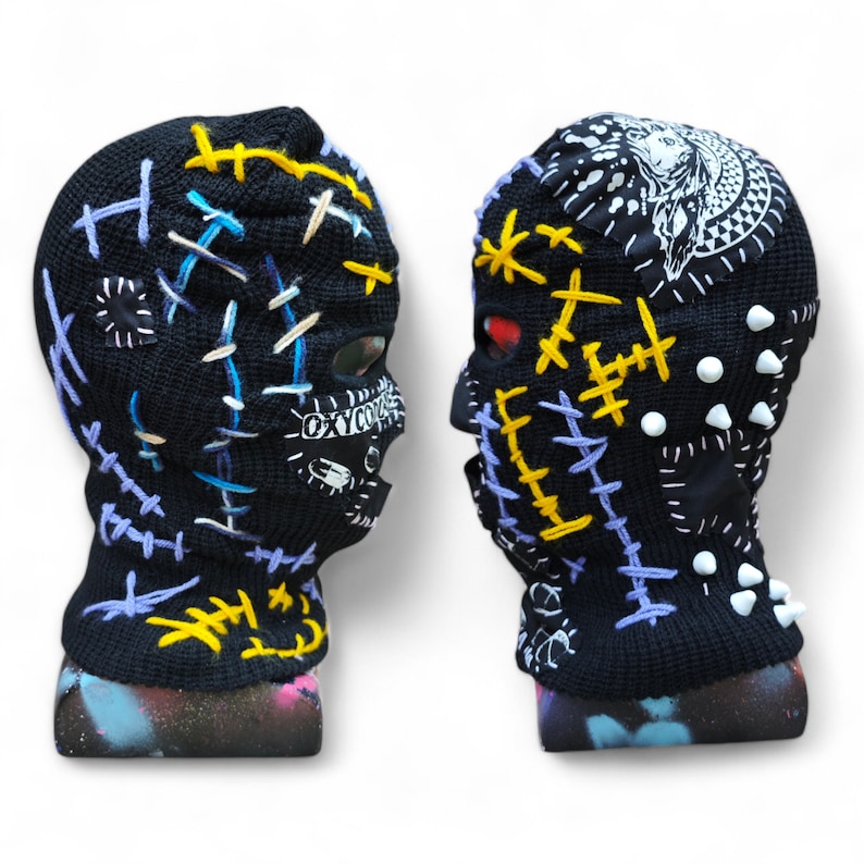 CUSTOM PATCHED Balaclava Ski Mask, 3 Hole Punk Ski Mask, Spiked Skimask ...