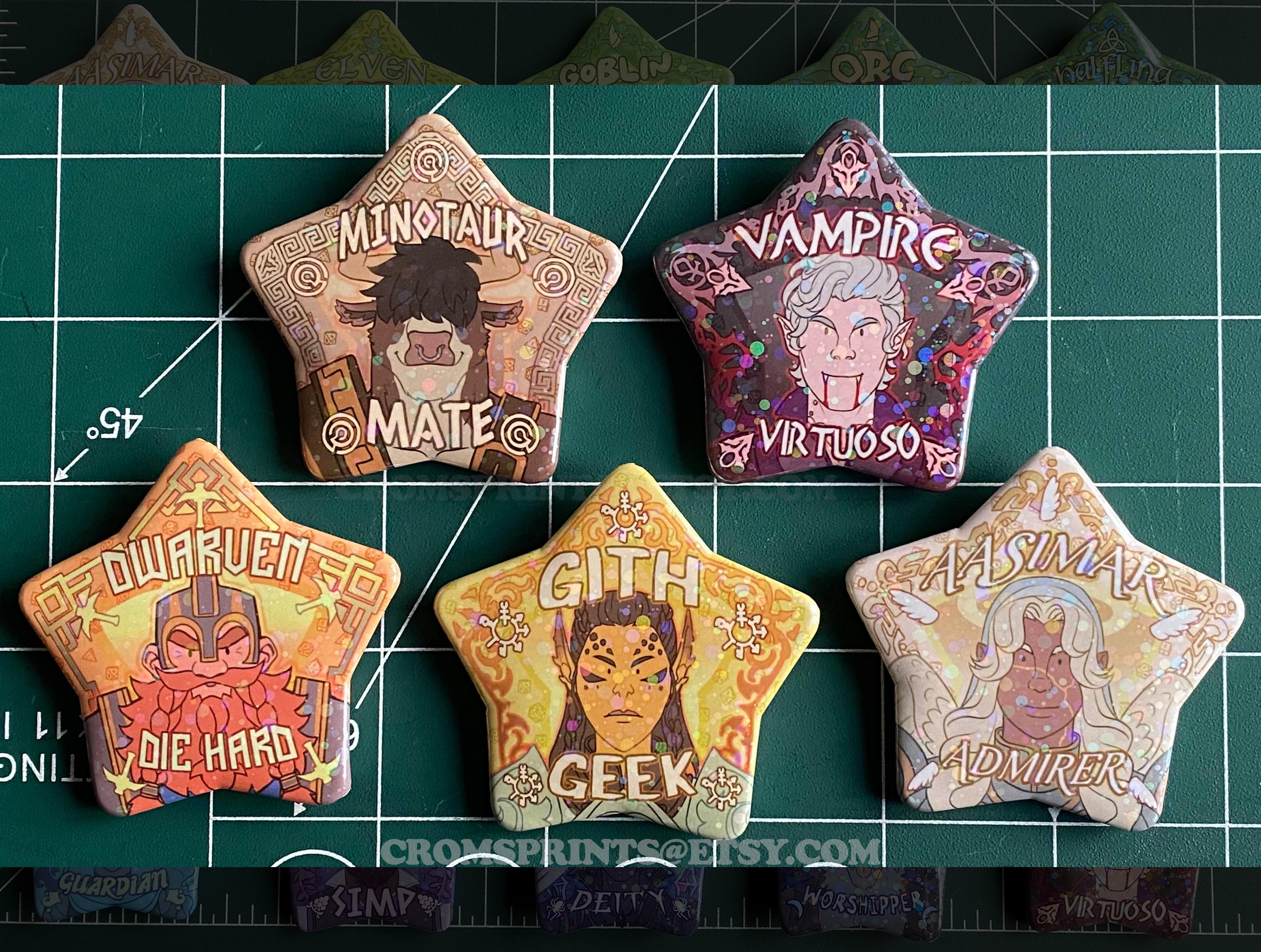 Dnd Holo Star Pin Badges - 20 Different Designs! Tiefling , Elf , Dwarf ...