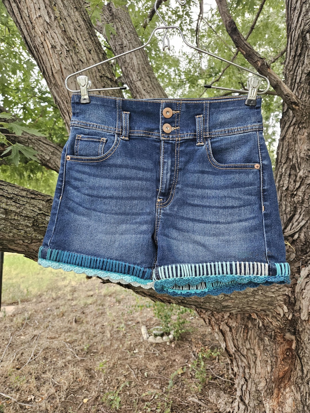 Upcycled Denim Shorts With Crochet Edging - Etsy
