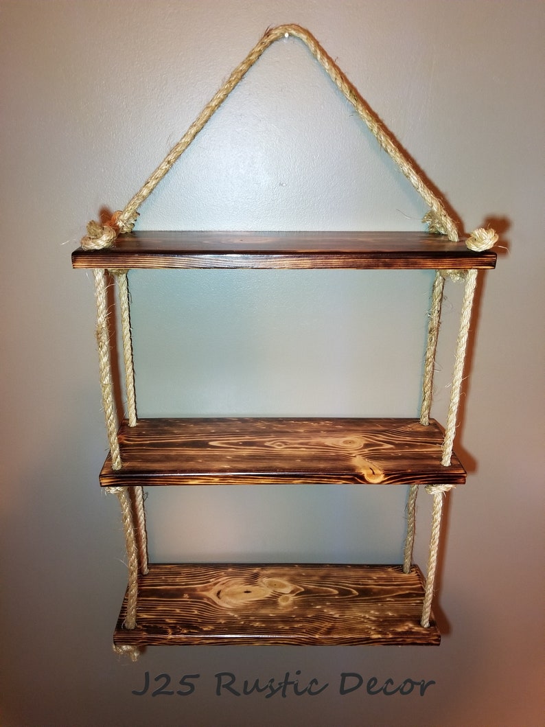 Rustic Rope Ladder Shelf, Hanging Rope Display, 3 Tier Wall Shelf, Gift ...