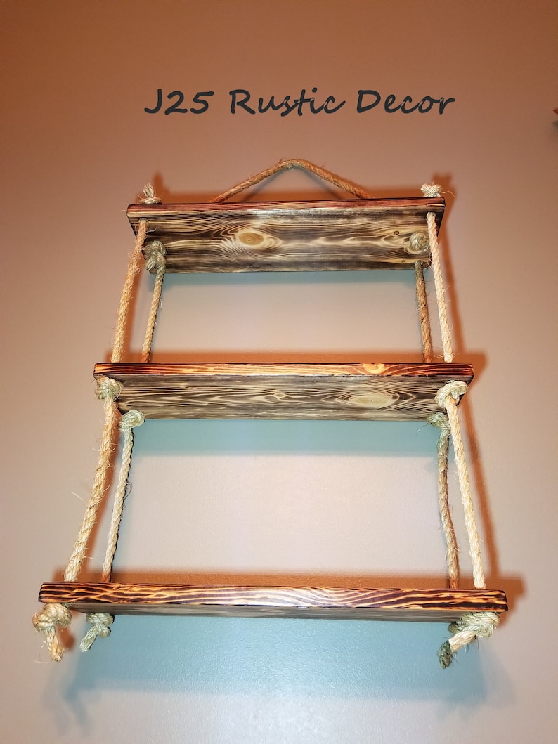 Rustic Rope Ladder Shelf, Hanging Rope Display, 3 Tier Wall Shelf, Gift ...