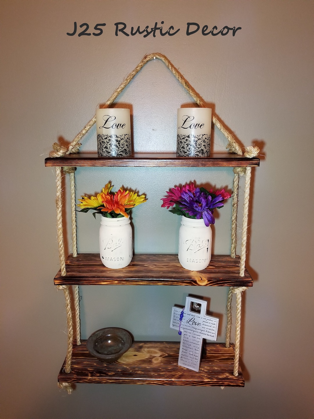 Rustic Rope Ladder Shelf, Hanging Rope Display, 3 Tier Wall Shelf, Gift ...