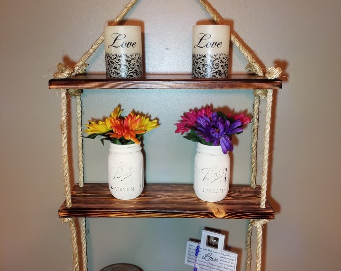Rustic Rope Ladder Shelf, Hanging Rope Display, 3 Tier Wall Shelf, Gift ...