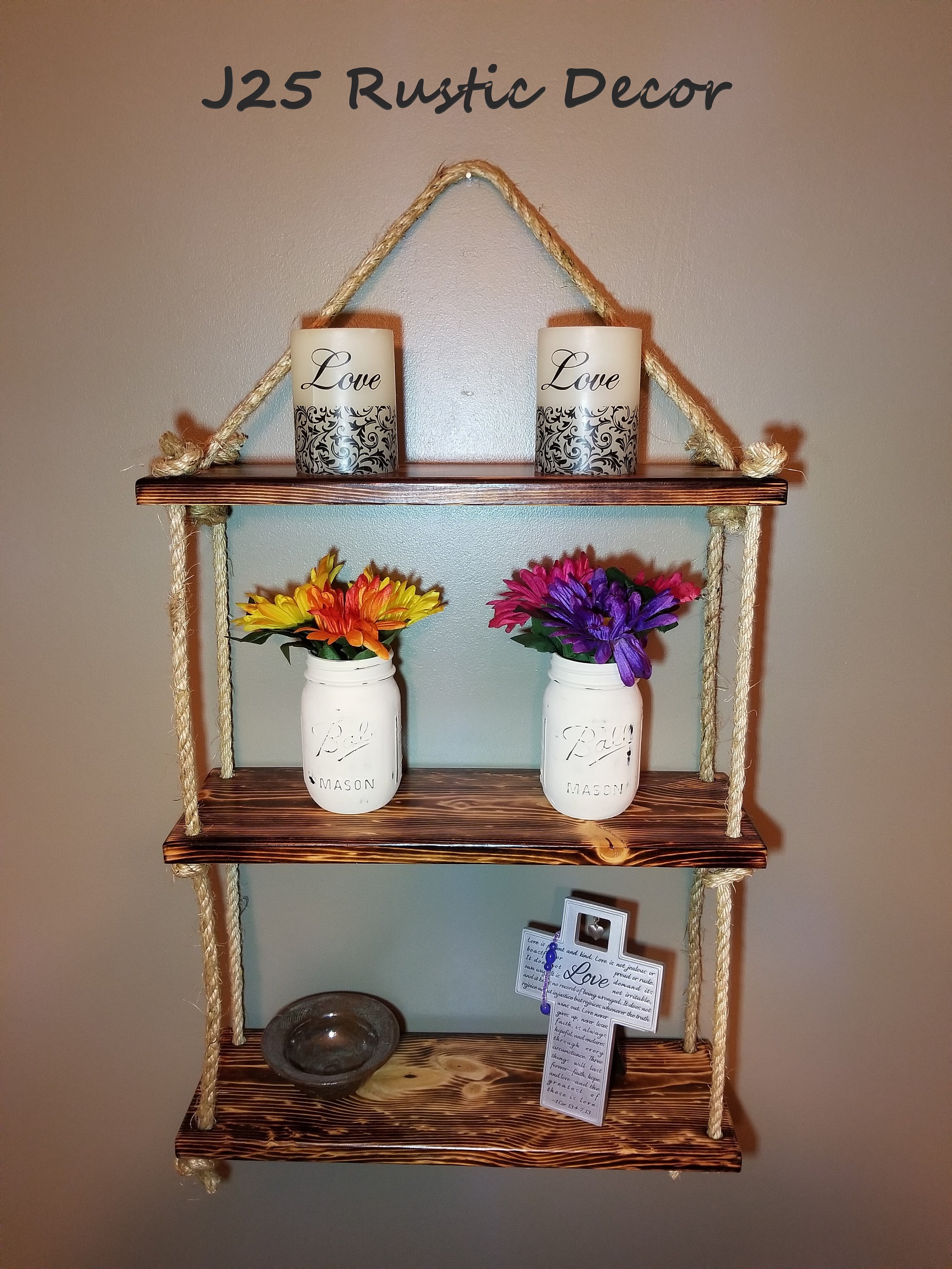 Rustic rope ladder shelf Hanging rope display 3 tier wall | Etsy