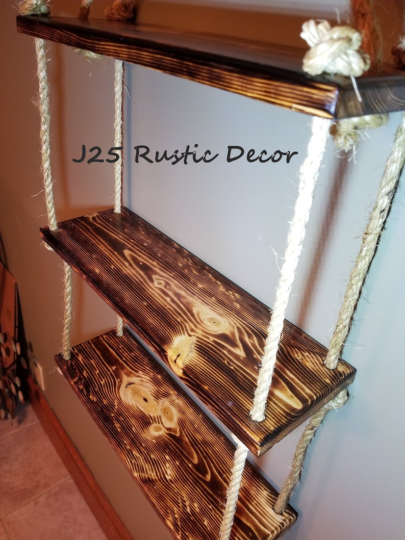 Rustic Rope Ladder Shelf, Hanging Rope Display, 3 Tier Wall Shelf, Gift ...