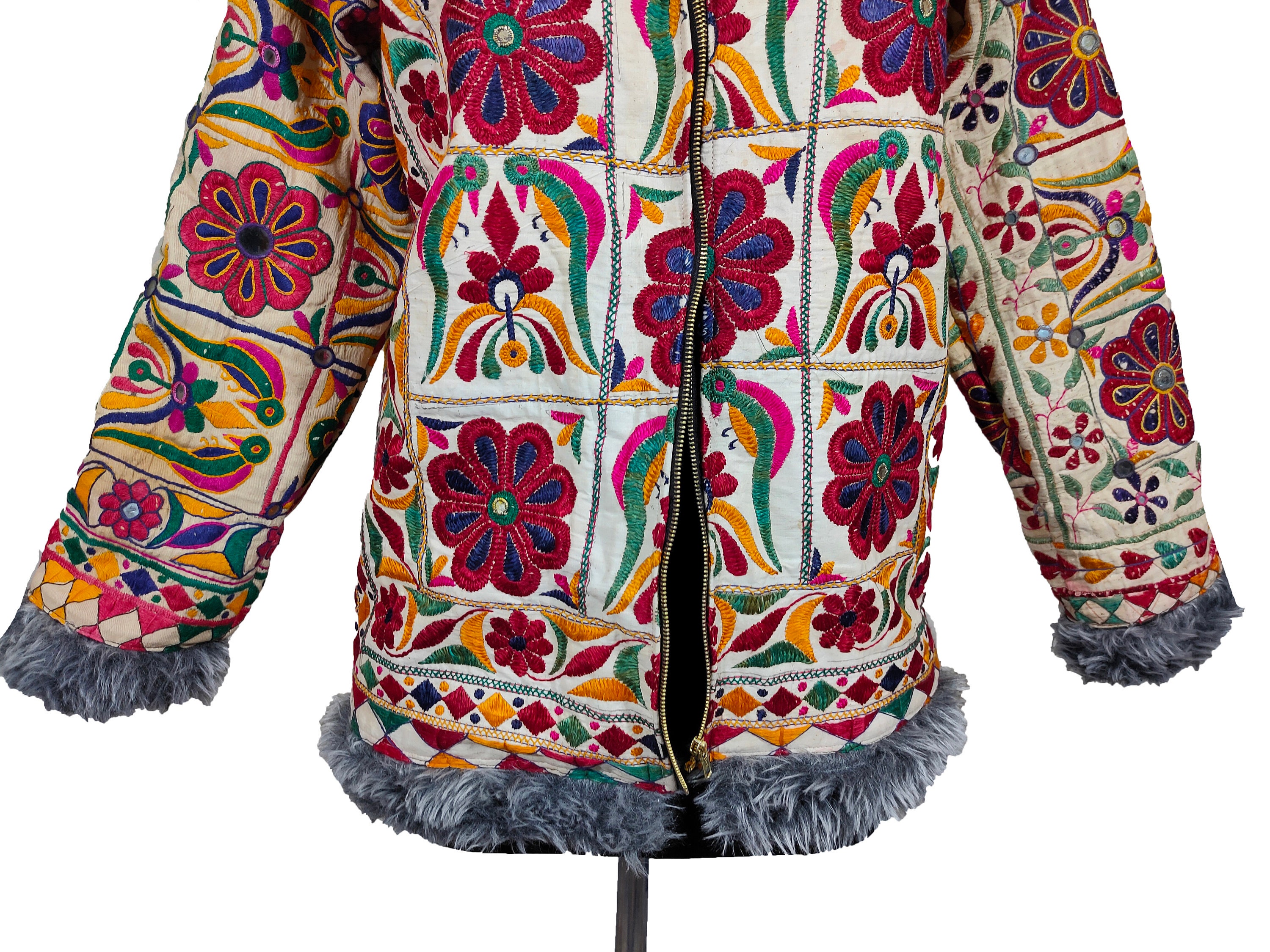 Banjara Jackets Grey Fur Jacket Kutchi Multi Color Embroidered, Indian ...