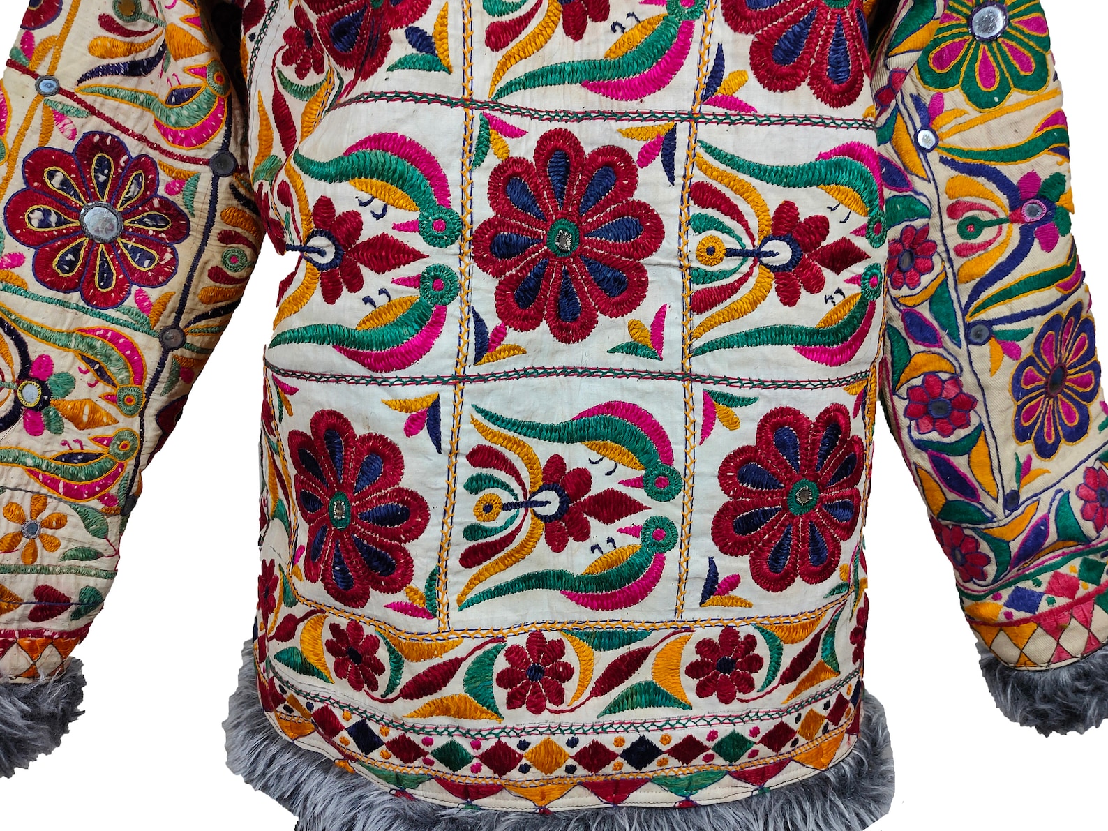 Banjara Jackets Grey Fur Jacket Kutchi Multi Color Embroidered, Indian ...