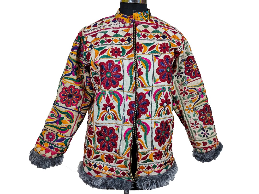 Banjara Jackets Grey Fur Jacket Kutchi Multi Color Embroidered, Indian ...