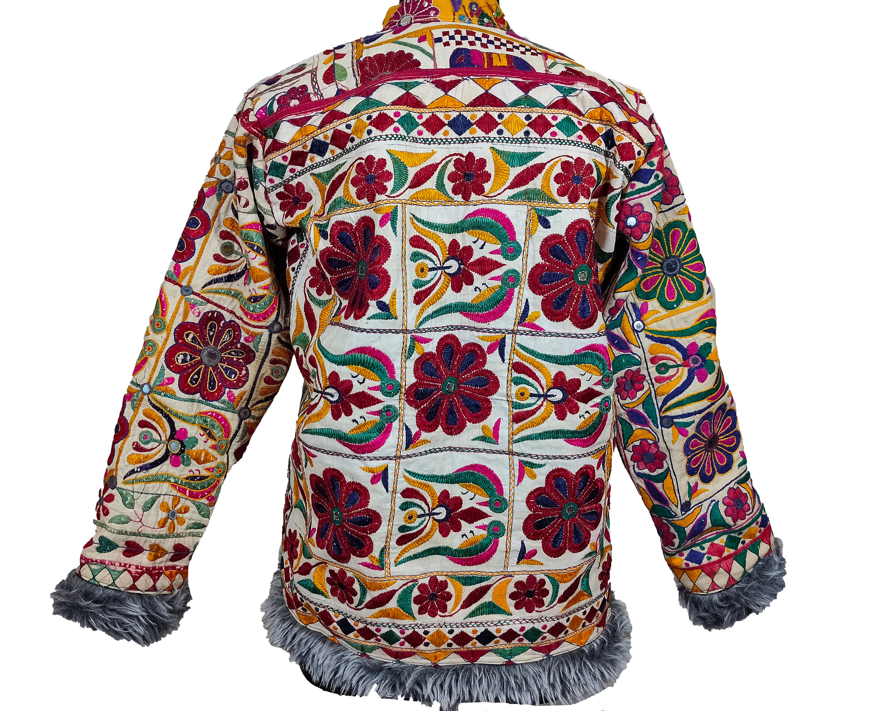 Banjara Jackets Grey Fur Jacket Kutchi Multi Color Embroidered, Indian ...