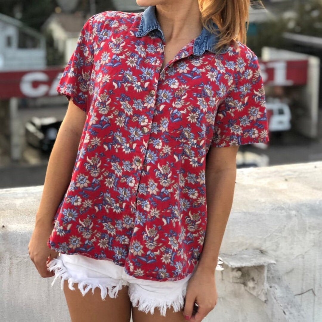 Vintage Printed Red Denim Shirt - Etsy Denmark