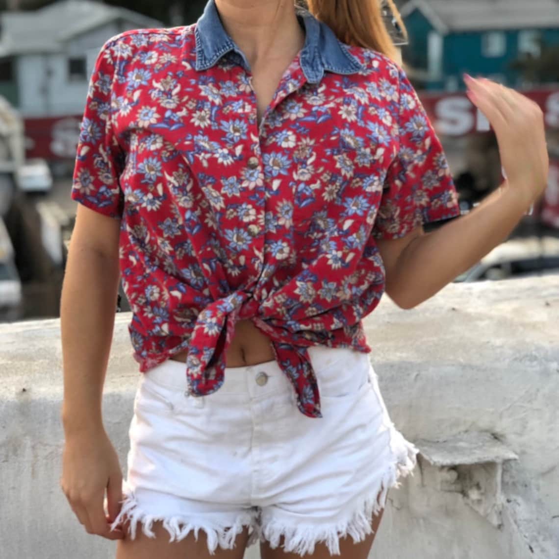 Vintage Printed Red Denim Shirt - Etsy Denmark