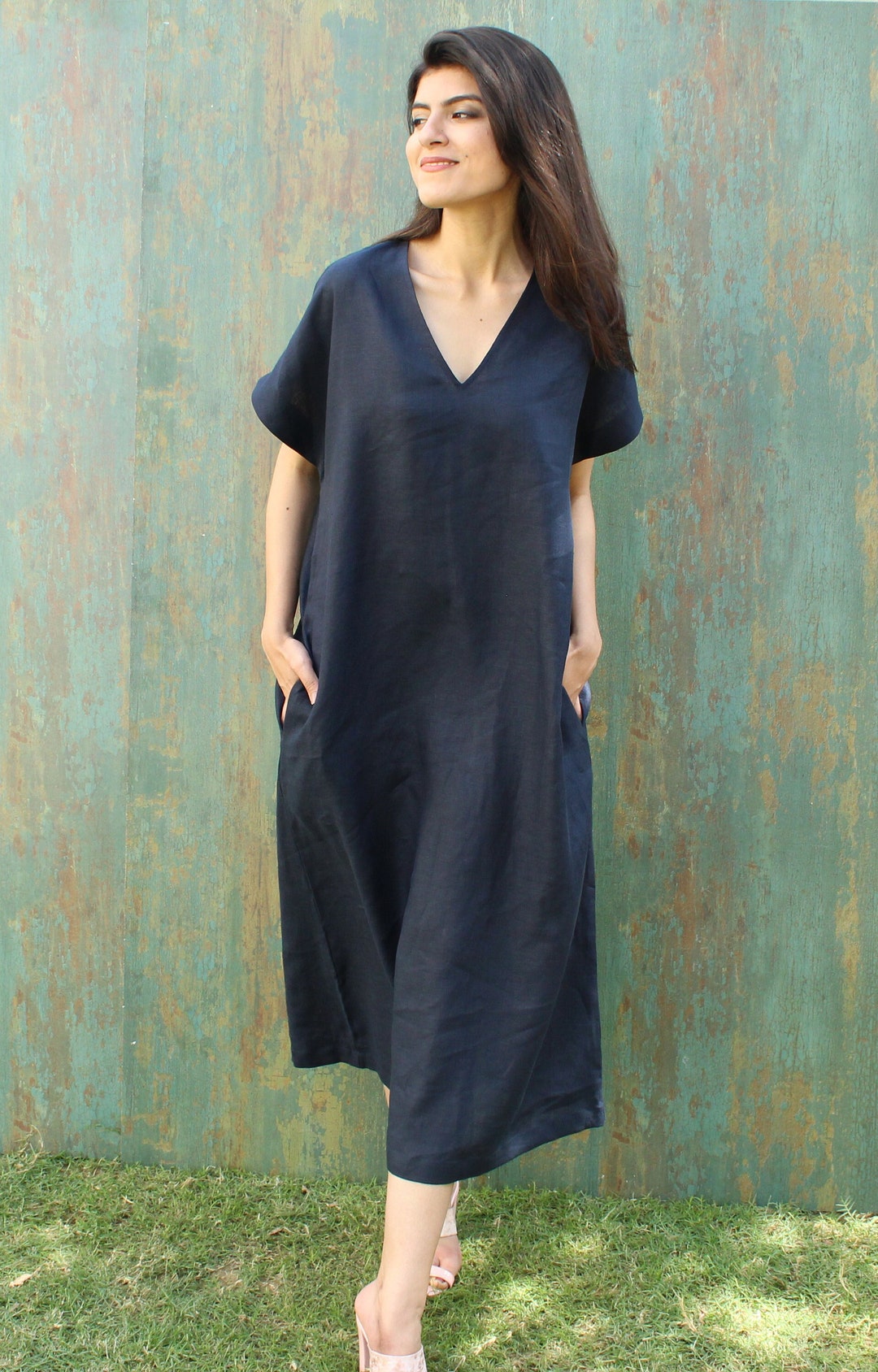 Relax Fit Dress, Blue Linen Dress, Ankle Length Dress, Maxi Dress With ...