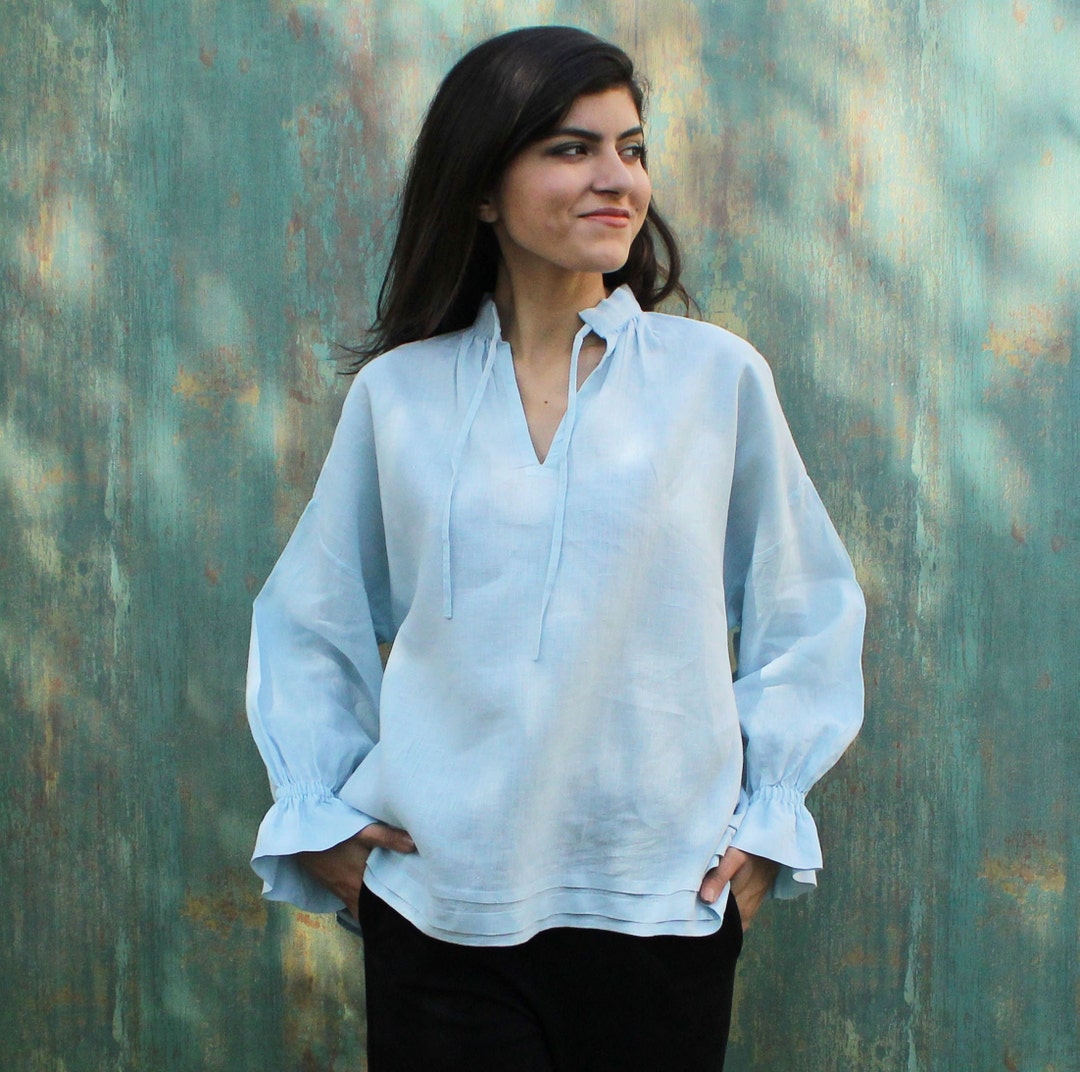 Blue Linen Top, Linen Tunic Top, Kimono Sleeves Linen Blouse, Long ...