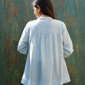 Handmade Light Blue Linen Tunic Top: Mandarin Collar Summer Shirt - Etsy