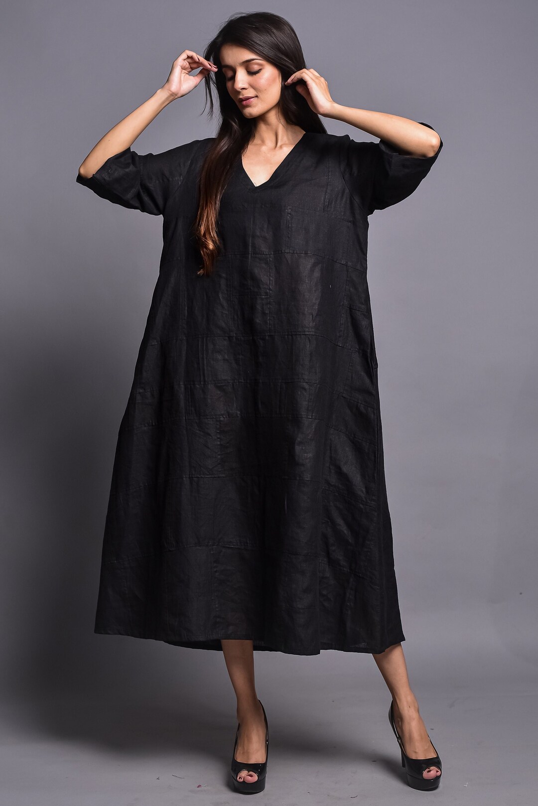 Black Linen Maxi Dress, Oversized Linen Tunic Dress, Spring Summer Plus ...