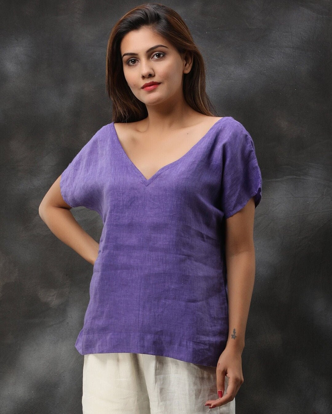 Haut en lin à col en V, haut en lin ample, haut en lin décontracté ...