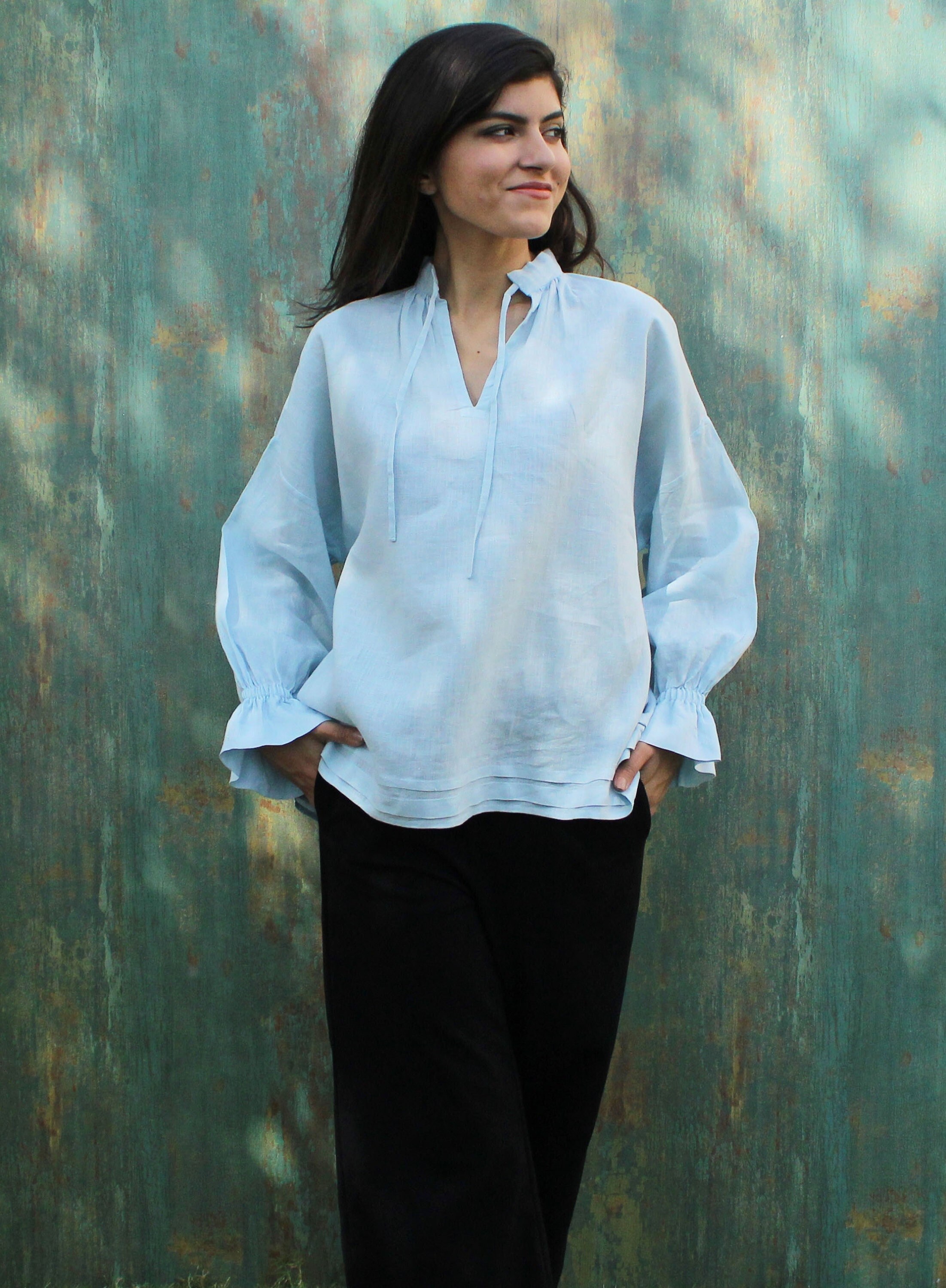 Blue Linen Top Linen Tunic Top Pintucked Linen Blouse - Etsy