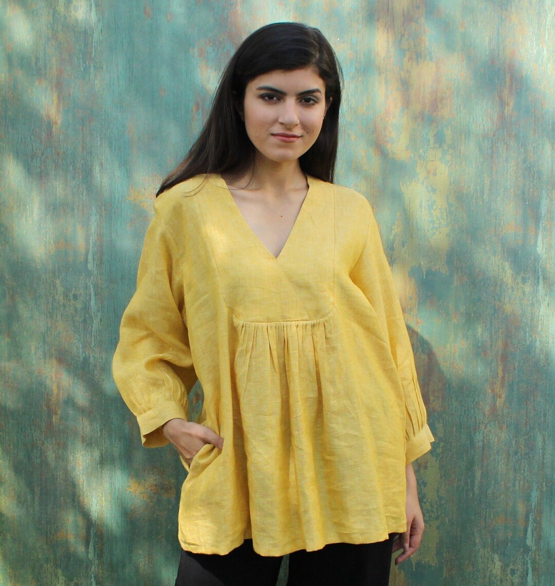 Honey Yellow Linen Blouse: V-neck Long Sleeve Relaxed Fit - Etsy