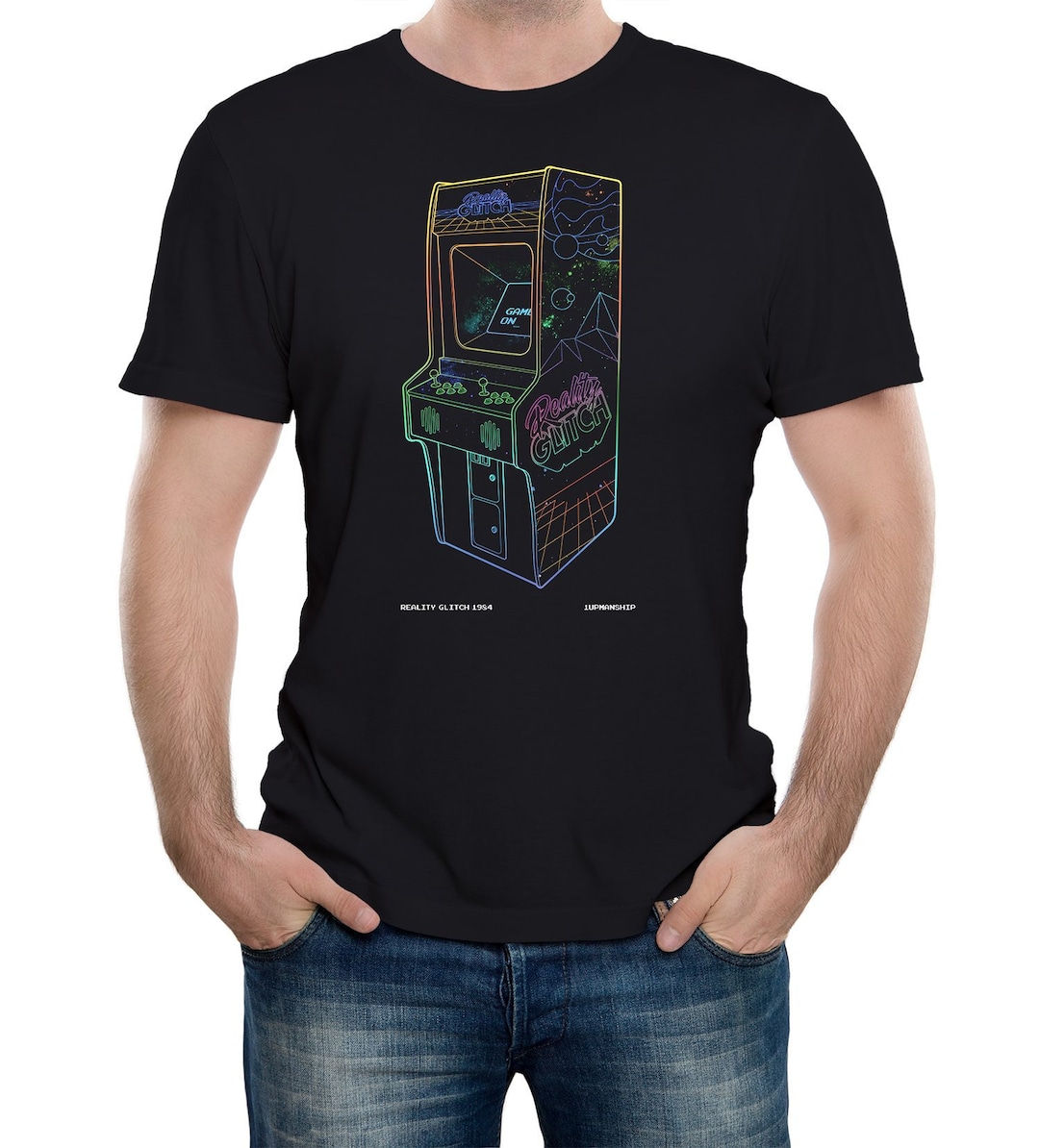 Mens 1 UP Neon Retro Arcade Machine T-shirt Classic Retro Video Games ...