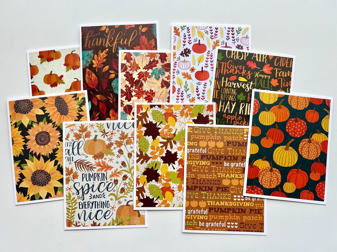 Set of 10 Fall Note Cards, Handmade Thanksgiving Cards, Blank Greeting ...