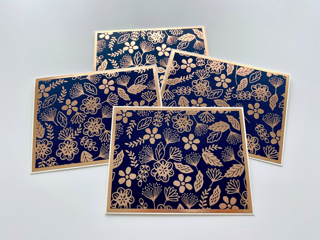 Blank Note Card Set, Rose Gold and Navy Note Cards, Floral Greeting ...