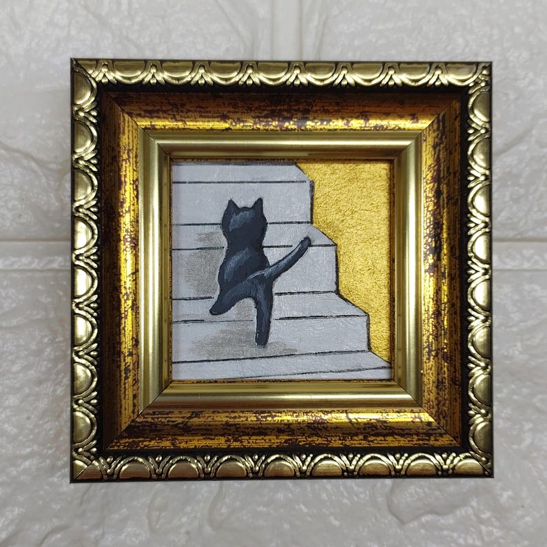 Black Cat Unique Mini Oil Painting 2x2 Inch, Gift, Frame, Kitten ...