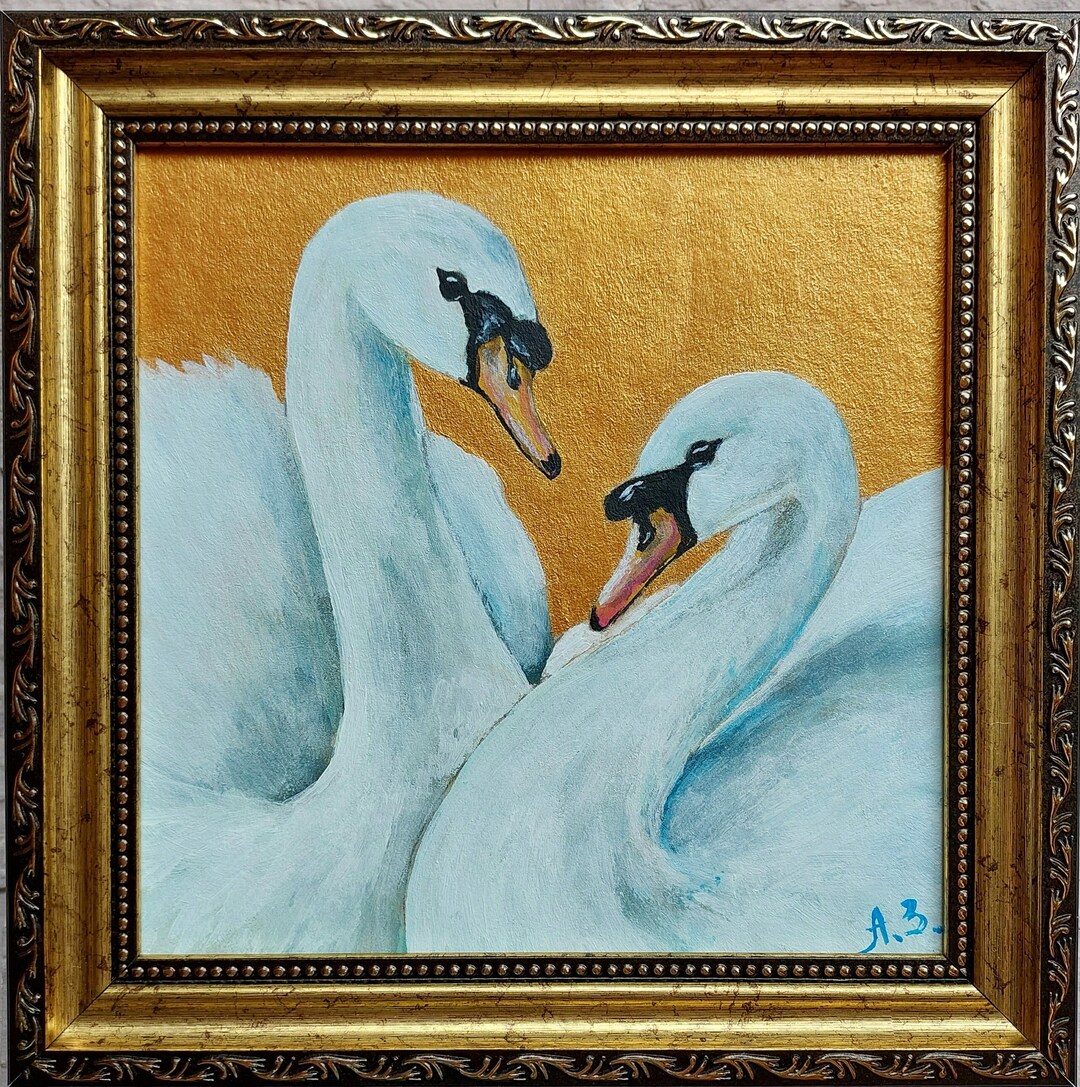 Swans Painting Original Golden FRAMED Painting White Swan Couple Art ...