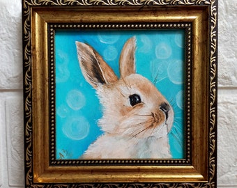Cute Rabbit Painting Original Oil Framed 4x4, Small Animal Art Brown ...