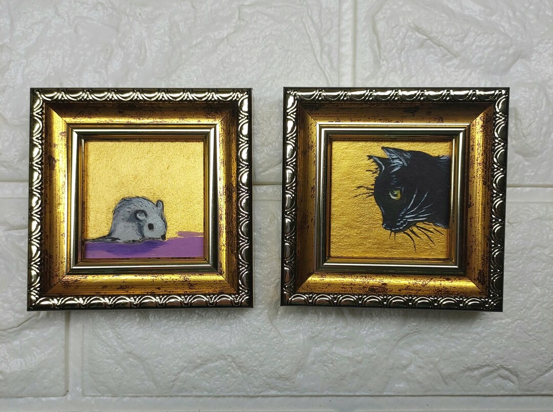 Black Cat and Mouse Painting Original Double Art Frame 2x2 + 2x2 Mіni ...