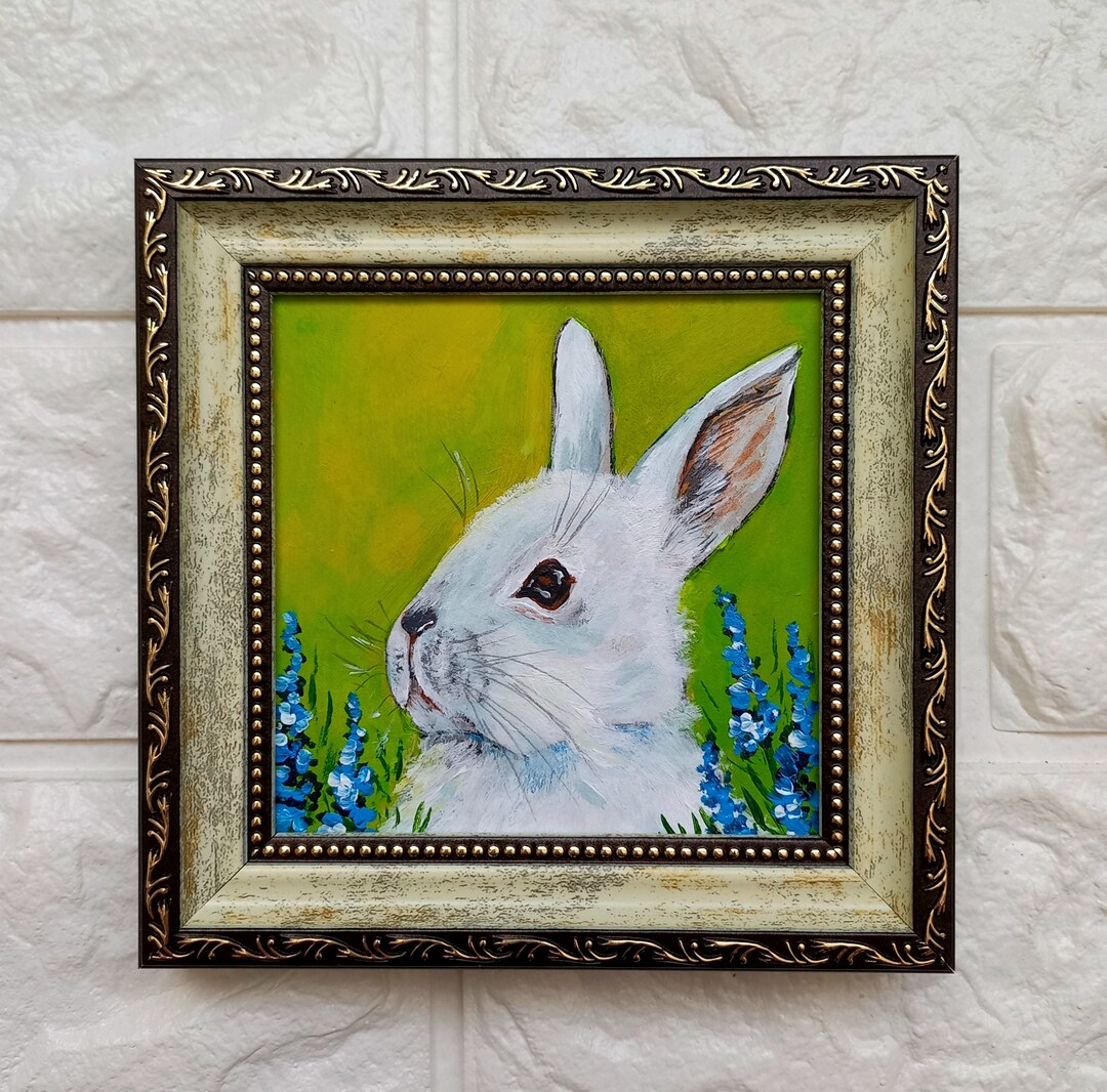 White Rabbit Painting Original Oil Picture Framed Small Art Cute Rabbit ...