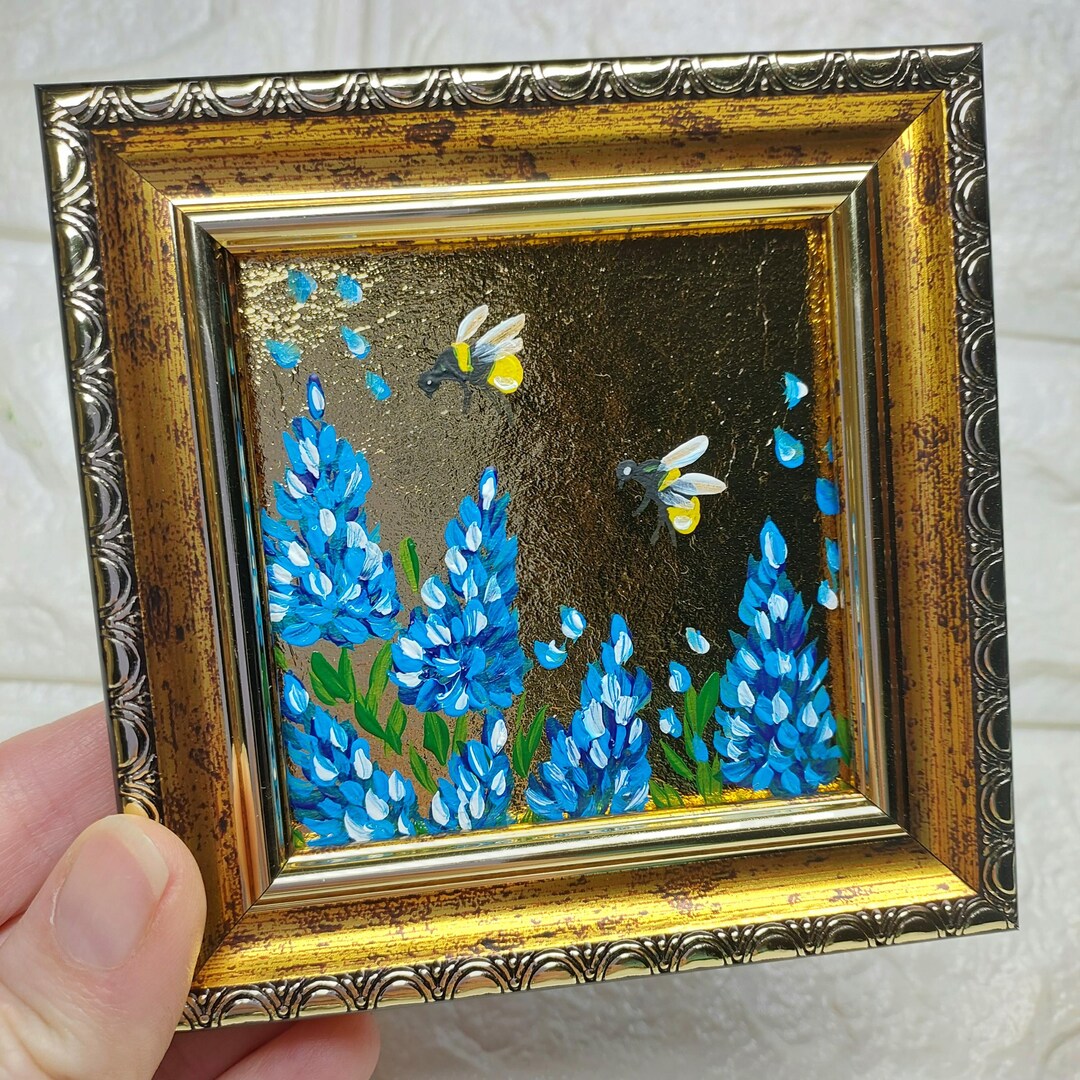 Gold Leaf Bee Painting: Framed Miniature Honeybee Bluebonnet Art, 3x3 ...
