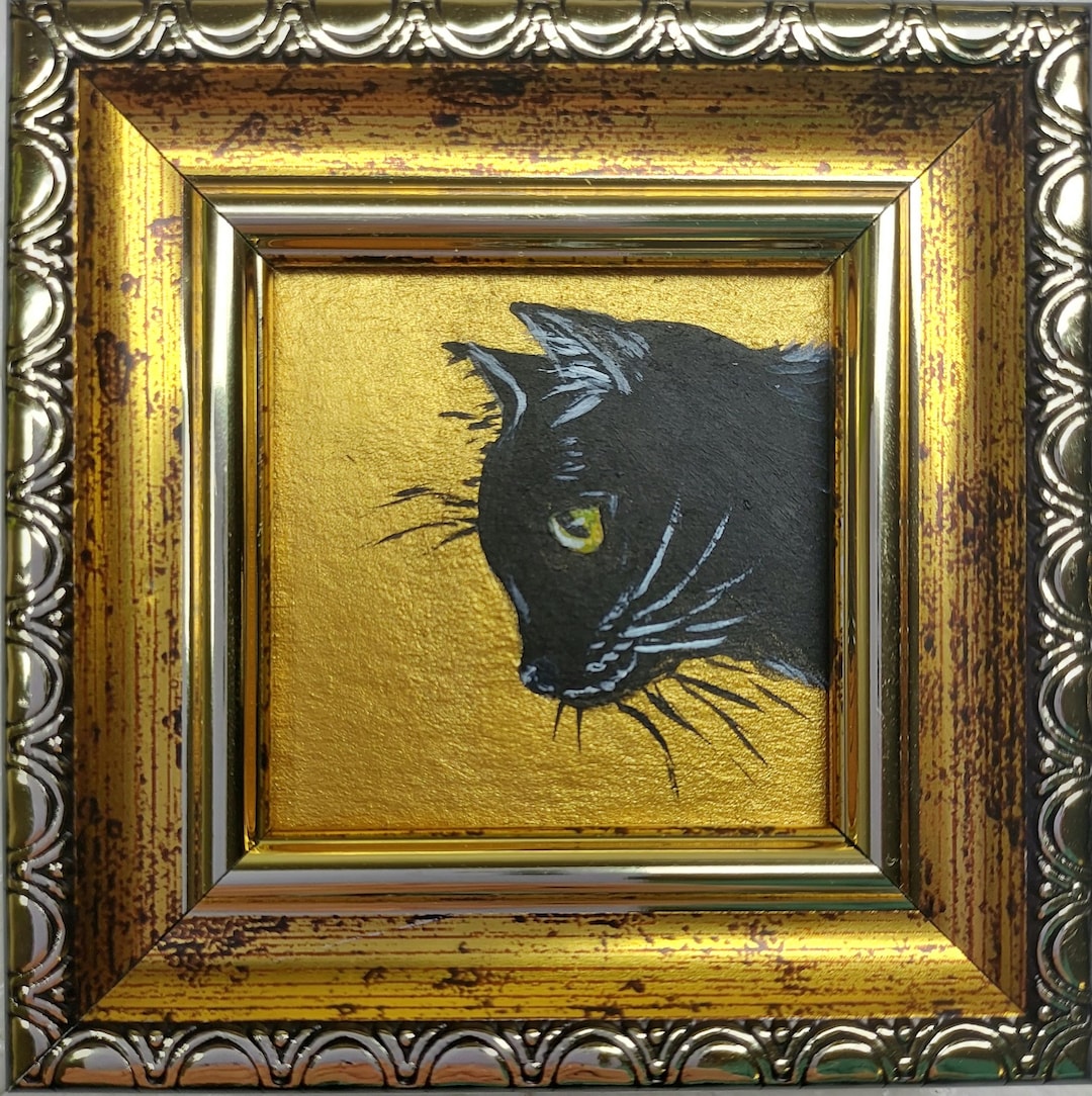 Mіni Painting Black Cat Painting Framed Original Art Funny Cute Kitten ...