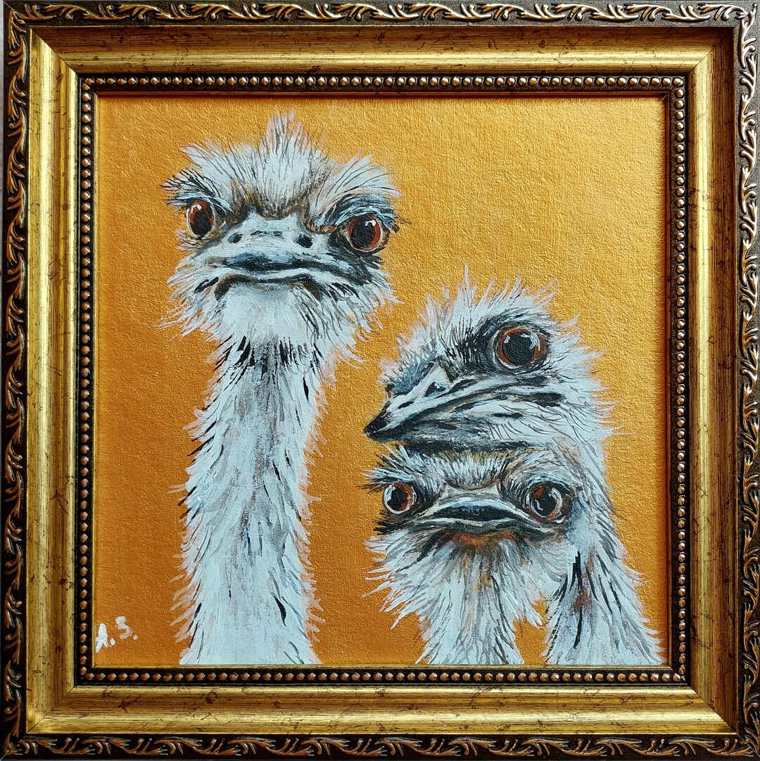 Ostrich Painting Original Bird Oil Painting Small Gold Art Frame ...
