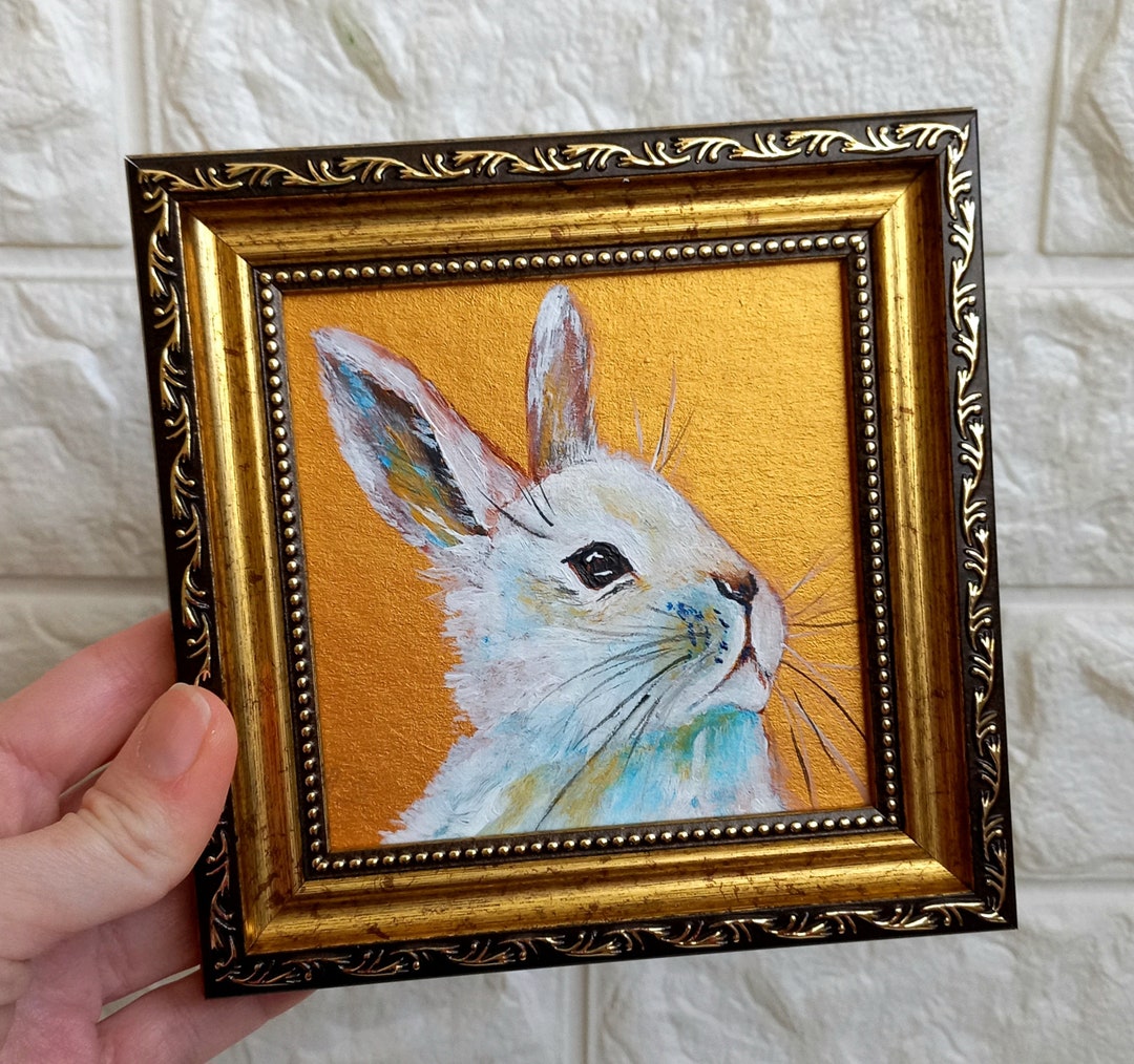 White Rabbit Painting Original Golden Framed Picture Small Animal Art ...