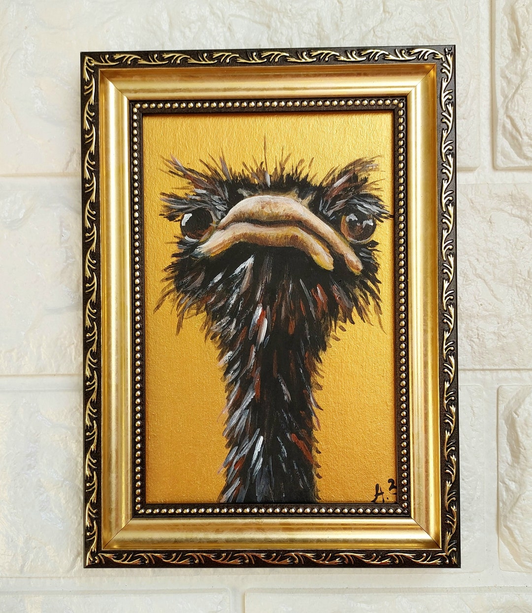 Original Bird Ostrich Oil Painting - Gold Framed Small Art, 4x6 In ...
