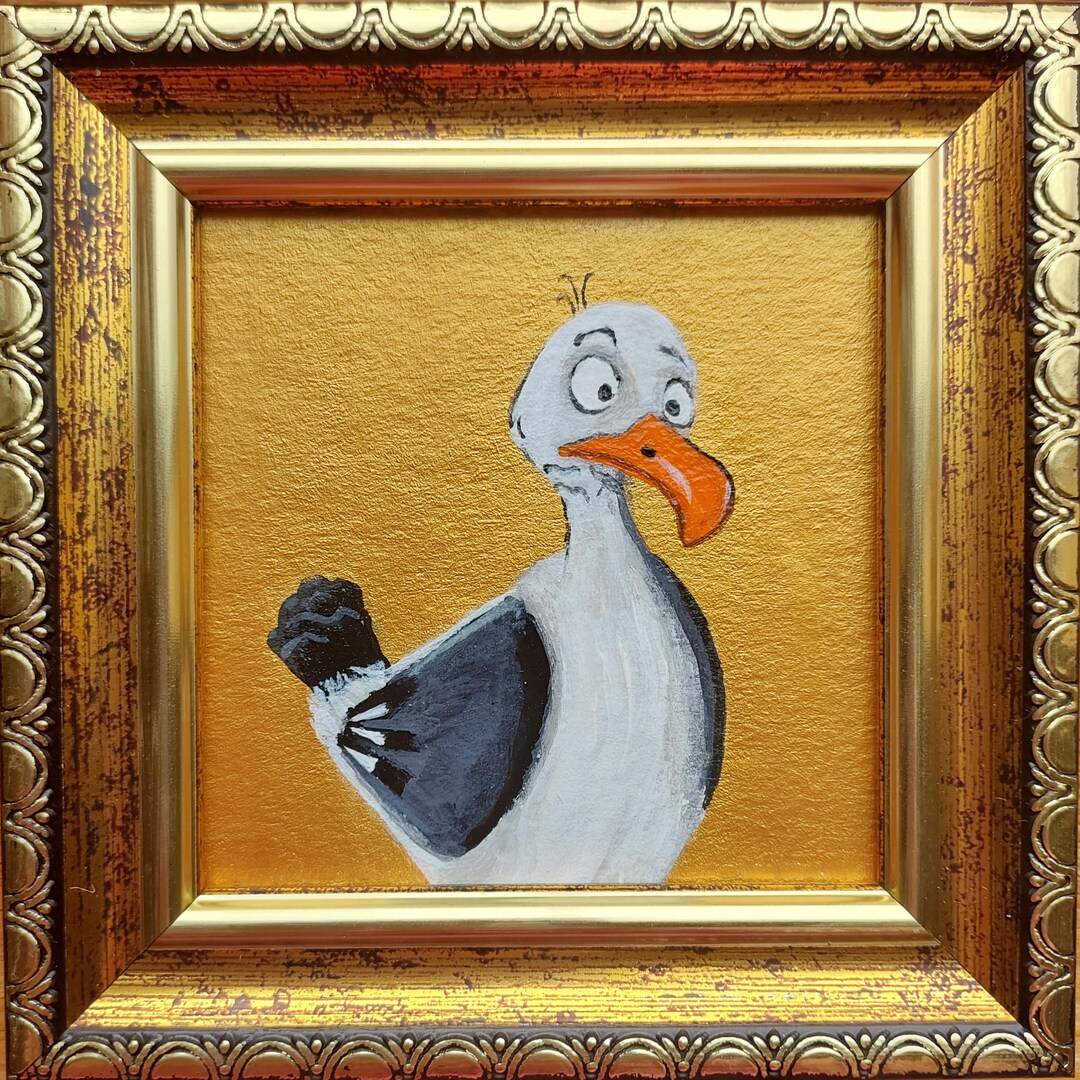 Funny Seagull Oil Painting With Golden Frame, Gift, Bird Small Art 3x3 ...