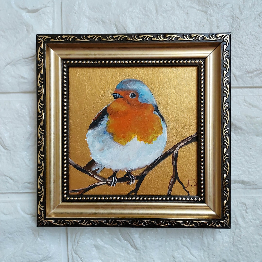 Robin Painting Original Red Bird Robin Artwork Golden Framed Painting ...