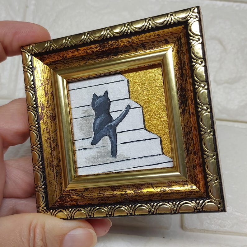 Black Cat Unique Mini Oil Painting 2x2 Inch, Gift, Frame, Kitten ...