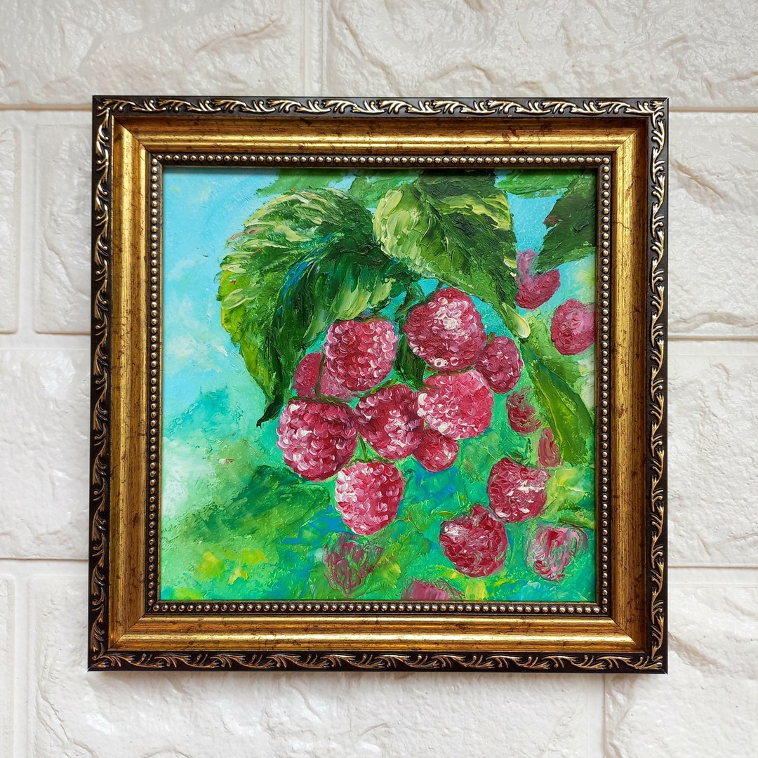 Raspberry Painting Original Fruit Art Golden Framed Painting - Etsy