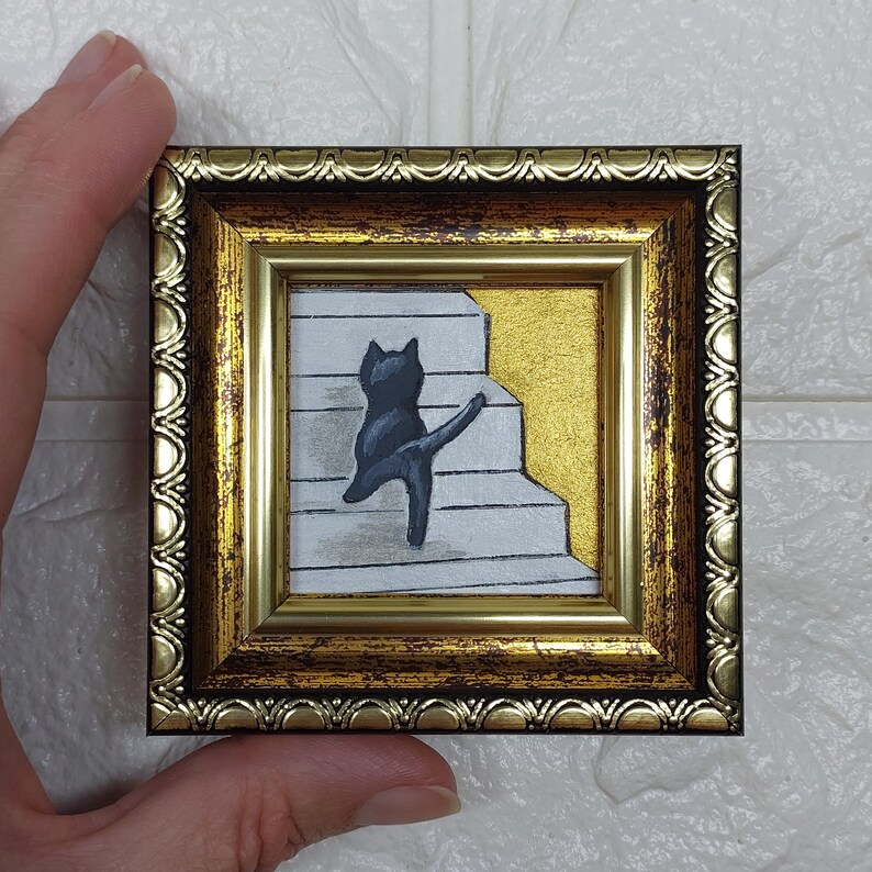 Black Cat Unique Mini Oil Painting 2x2 Inch, Gift, Frame, Kitten ...