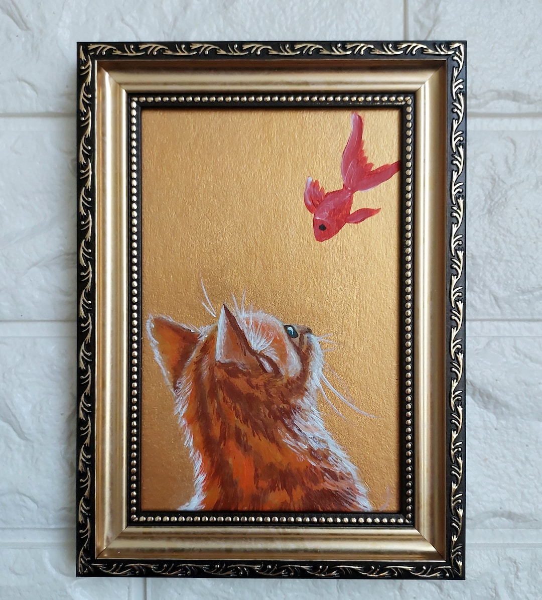 Red Cat and Fish Oil Painting Gold Original Artwork Framed Portrait Red ...